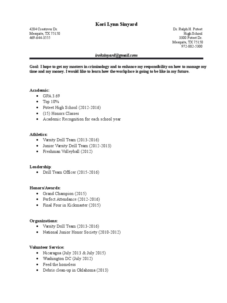 Kori Lynn Sinyard's Academic Resume | PDF