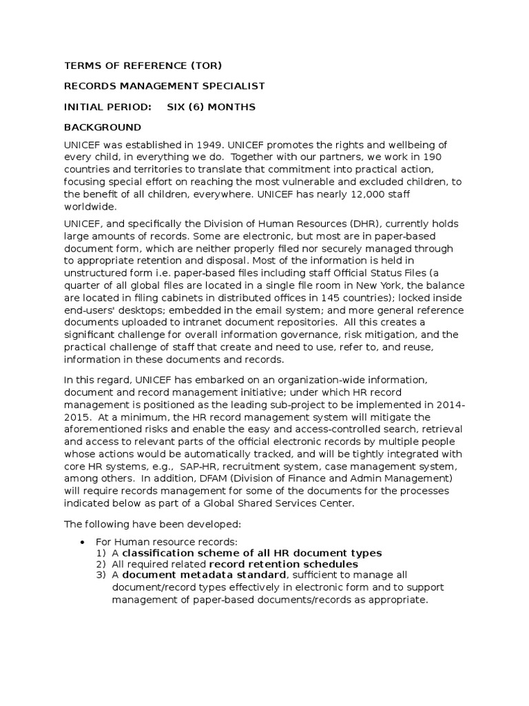 TOR Records Management Consultancy Sept 2014 | PDF | Records Management ...