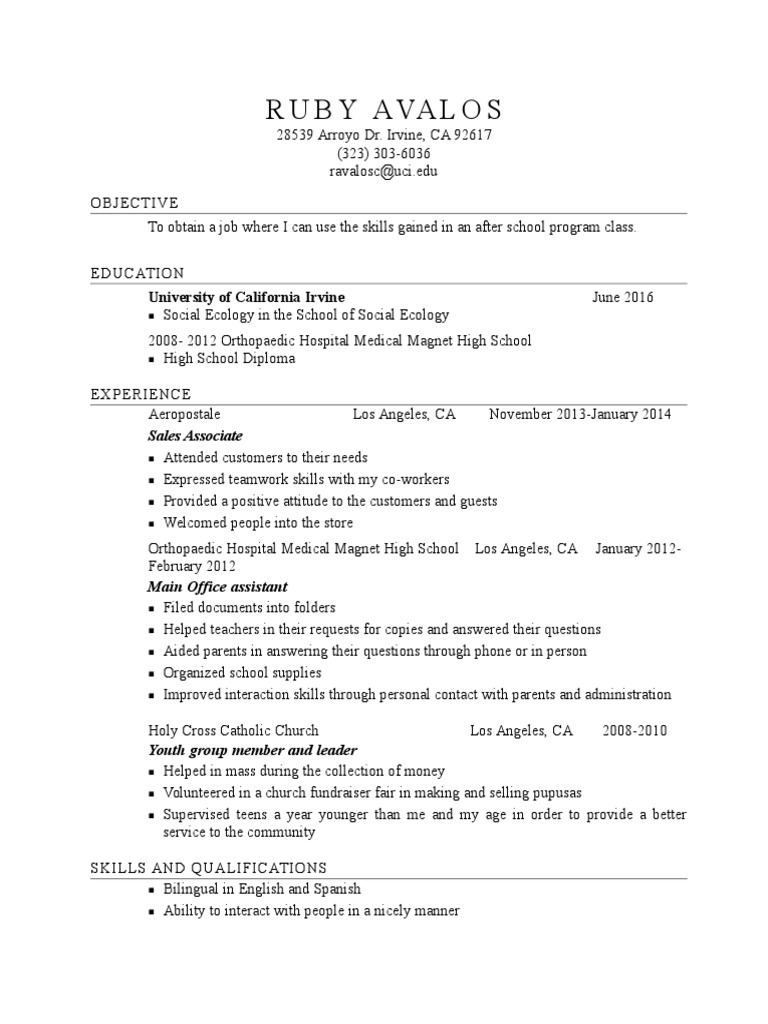 Ruby Avalos Resume: Social Ecology Graduate | PDF | Wellness