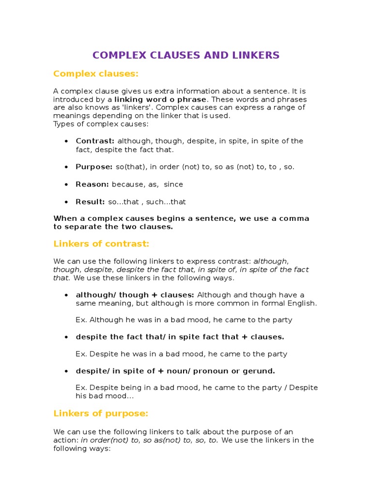 Types and Uses of Complex Linkers | PDF | Clause | Adverb