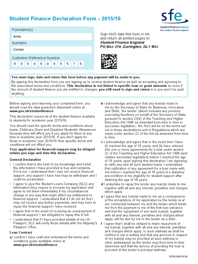 Student Finance Declaration 2015/16 | PDF | Loans | Interest