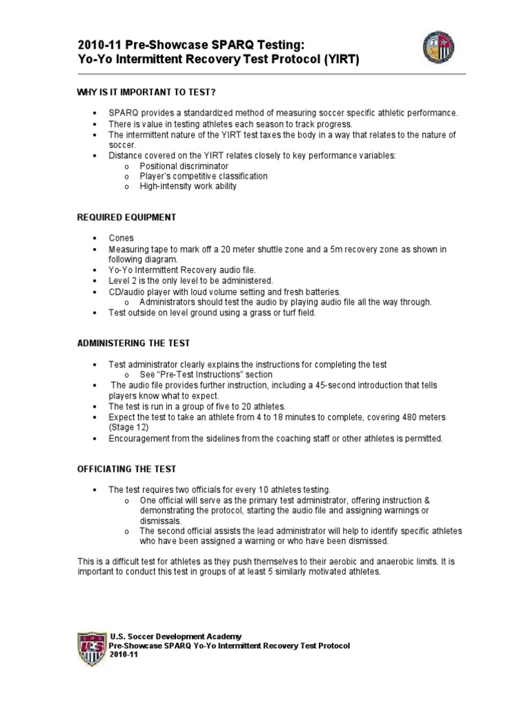 SPARQ Yo-Yo Test Protocol for Soccer | PDF | Sports Clubs | Major ...