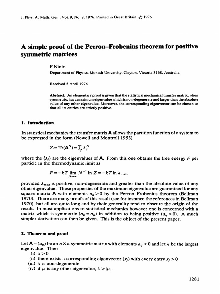 A Simple Proof of The Perron-Frobenius Theorem For Positive Symmetric Matrices. | PDF ...