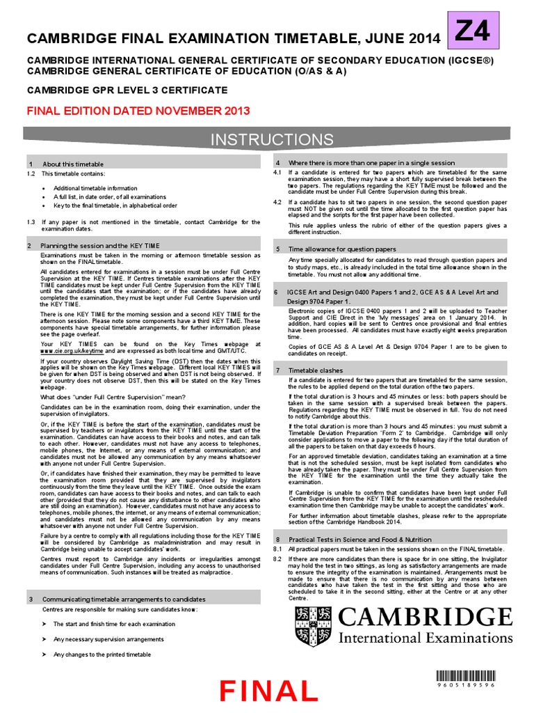 Cambridge Final Examination Timetable June 2014 | PDF | Daylight Saving ...