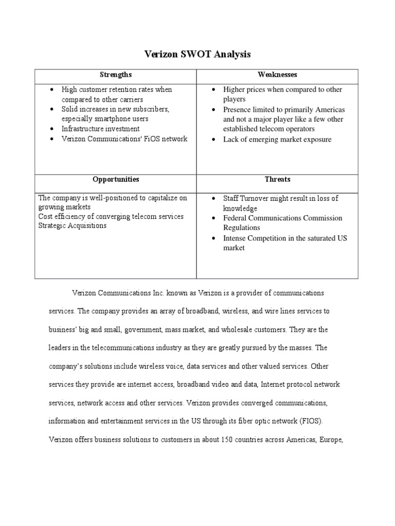 Verizon SWOT Analysis Overview | PDF | Technology & Engineering