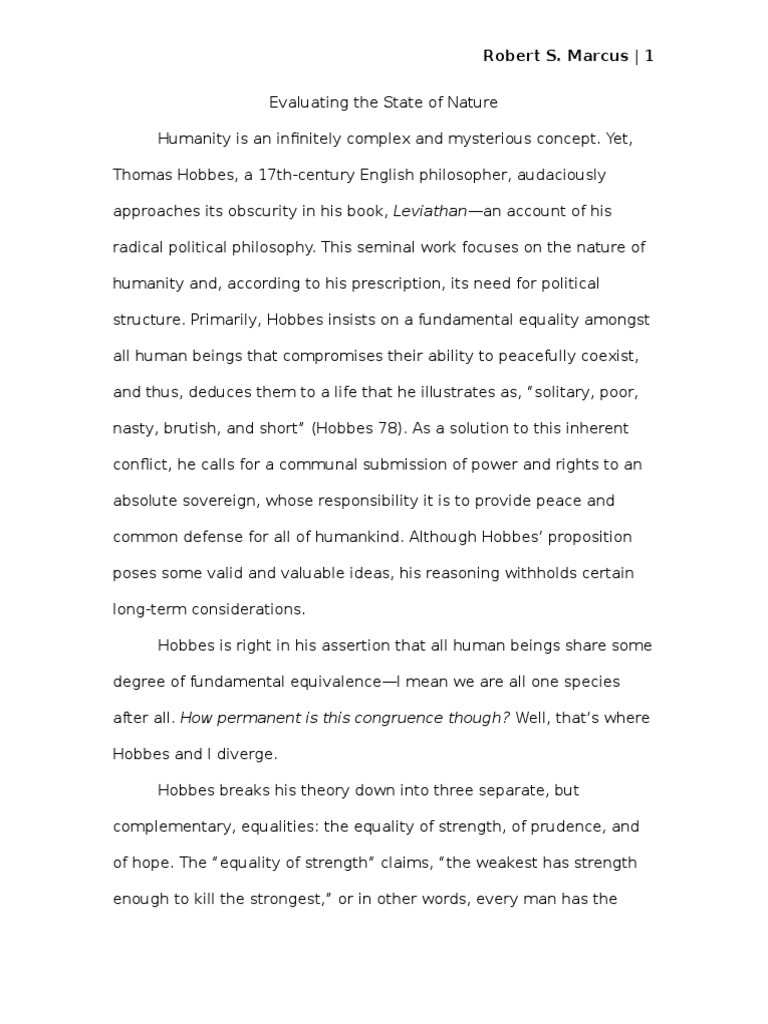 Evaluating The State of Nature As Proposed by Thomas Hobbes in ...