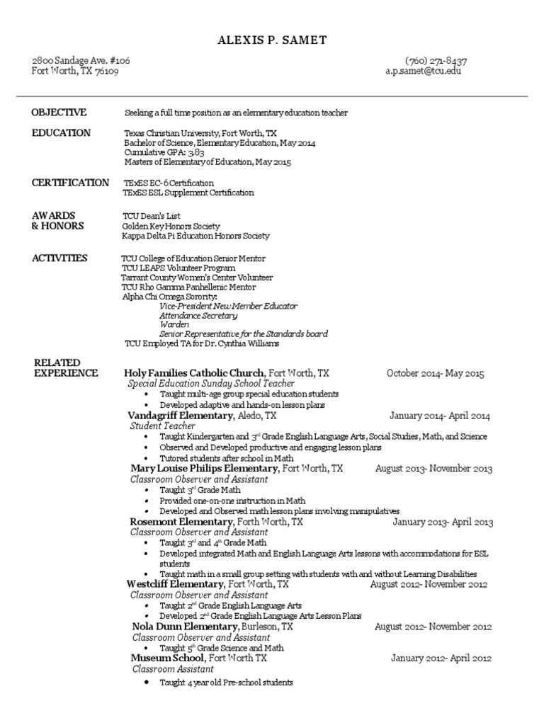 Sunday School Teacher Resume: Alexis Samet | PDF | Foreign Language Studies