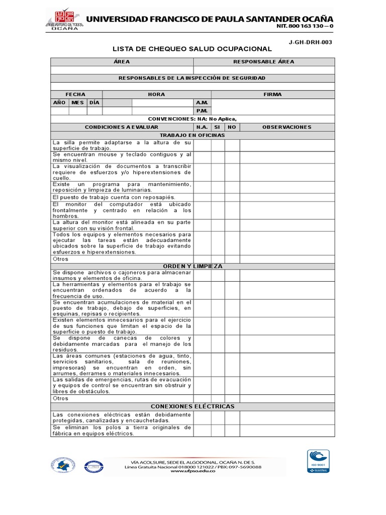 Formato Check List Salud Ocupacional