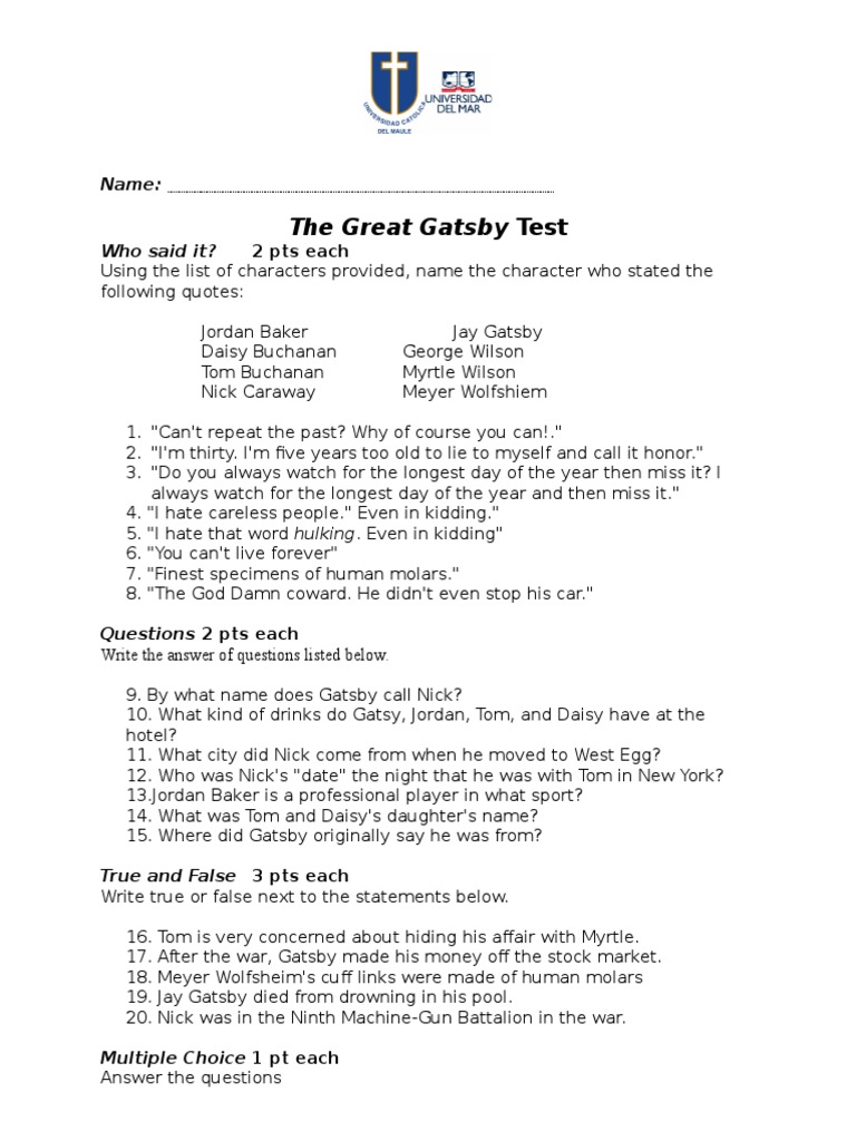 The Great Gatsby Test | PDF | The Great Gatsby | Unrest