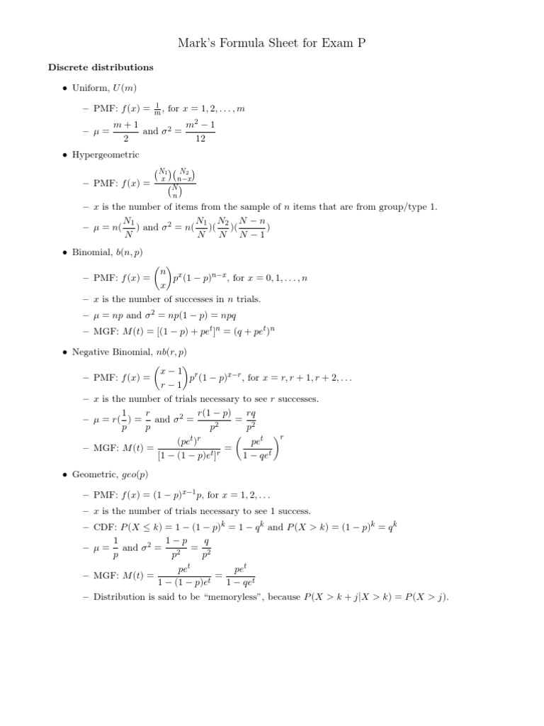 Formulas to Know for Exam p | Mathematical Analysis | Probability Theory