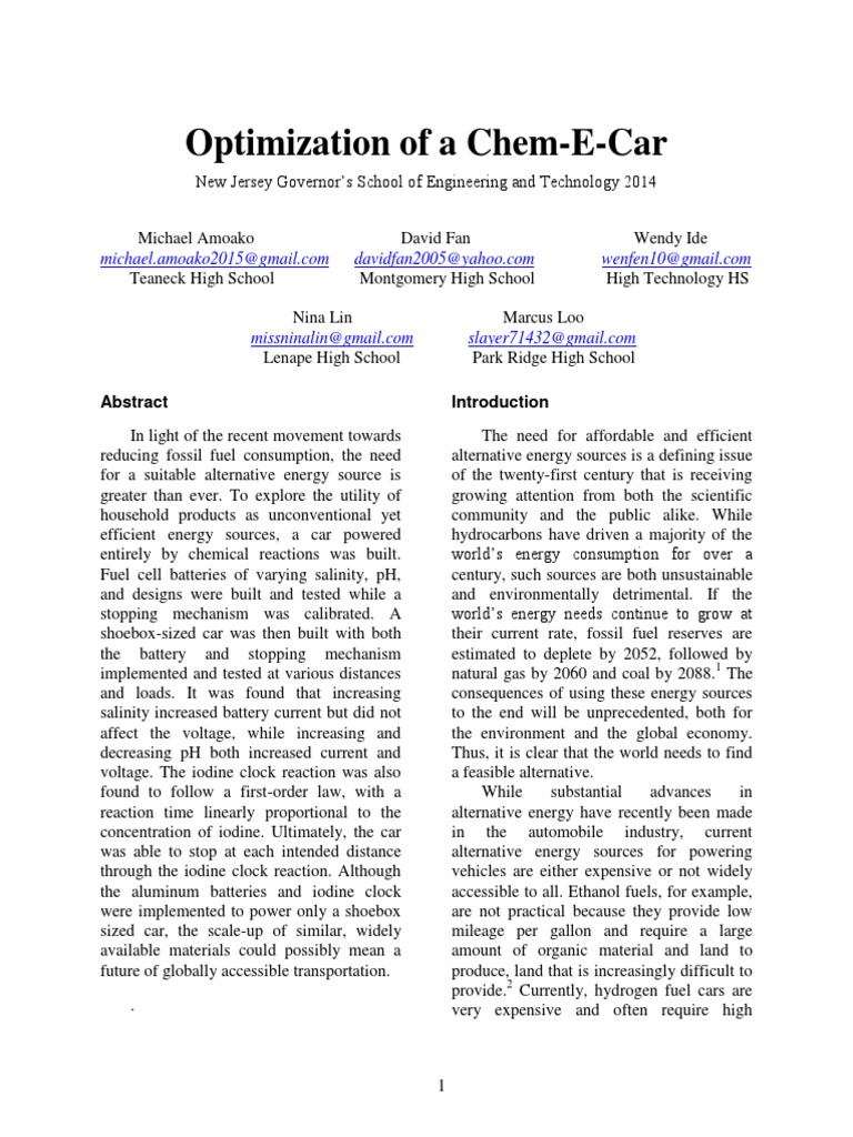 Optimization of A Chem-E-Car | PDF | Redox | Series And Parallel Circuits