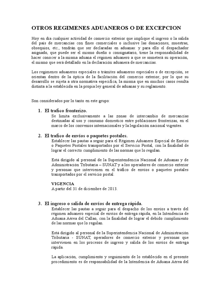 Otros Regimenes Aduaneros o de Excepcion | PDF | aduana | El comercio internacional