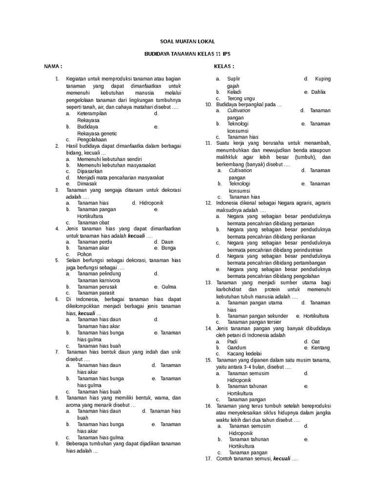 Soal Muatan Lokal SM 2 Budidaya | PDF | Sains & Matematika