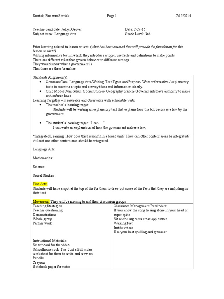 How a Bill Becomes a Law: 3rd Grade Lesson | PDF | Lesson Plan ...