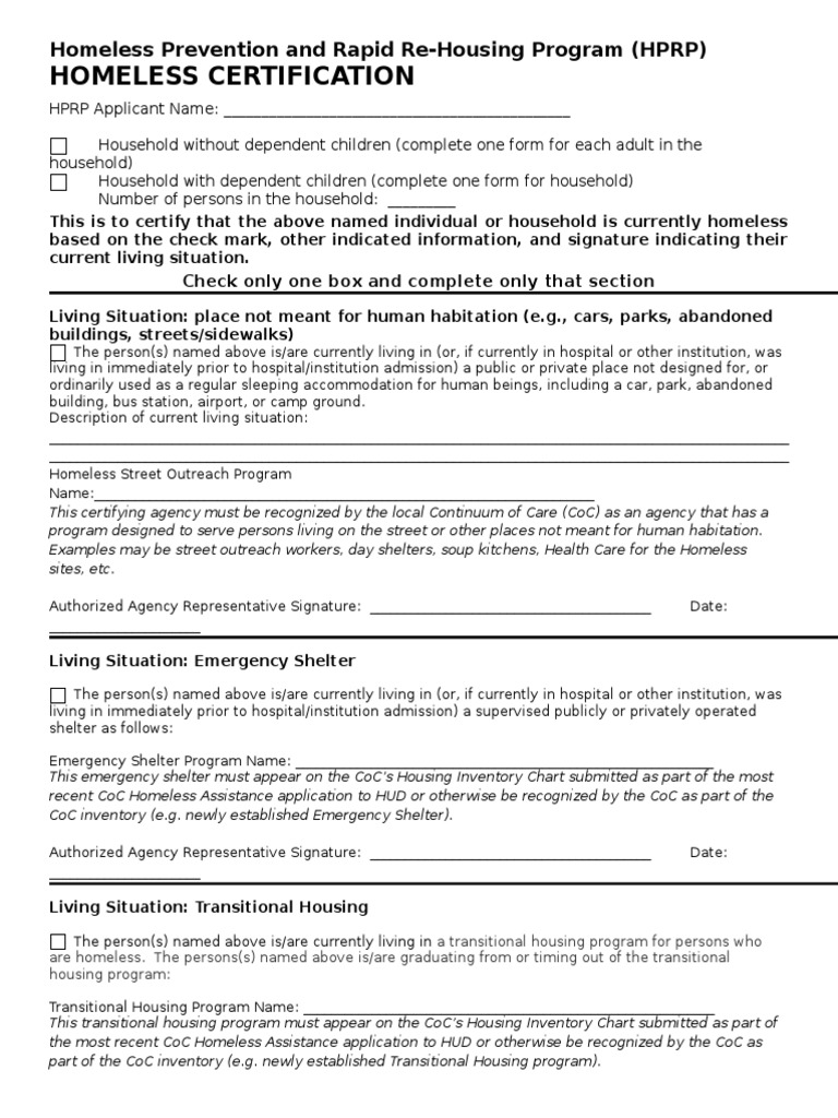 HPRP Homeless Certification Form | PDF | Homelessness | Service Industries