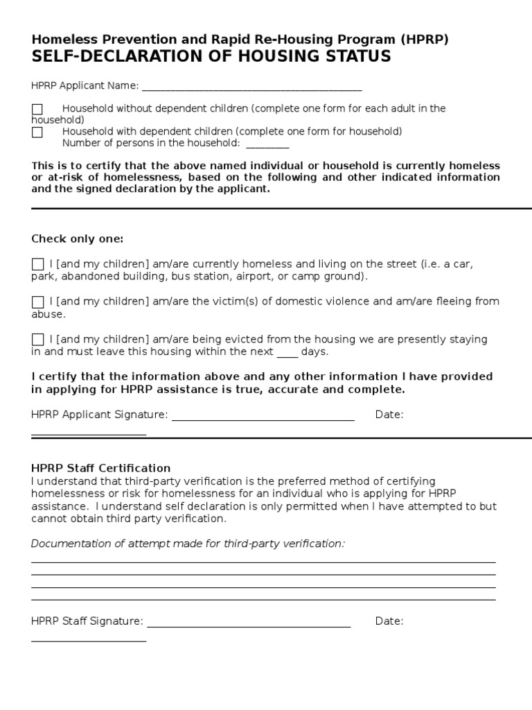 HPRP Self-Declaration Form for Housing Status | PDF | Politics