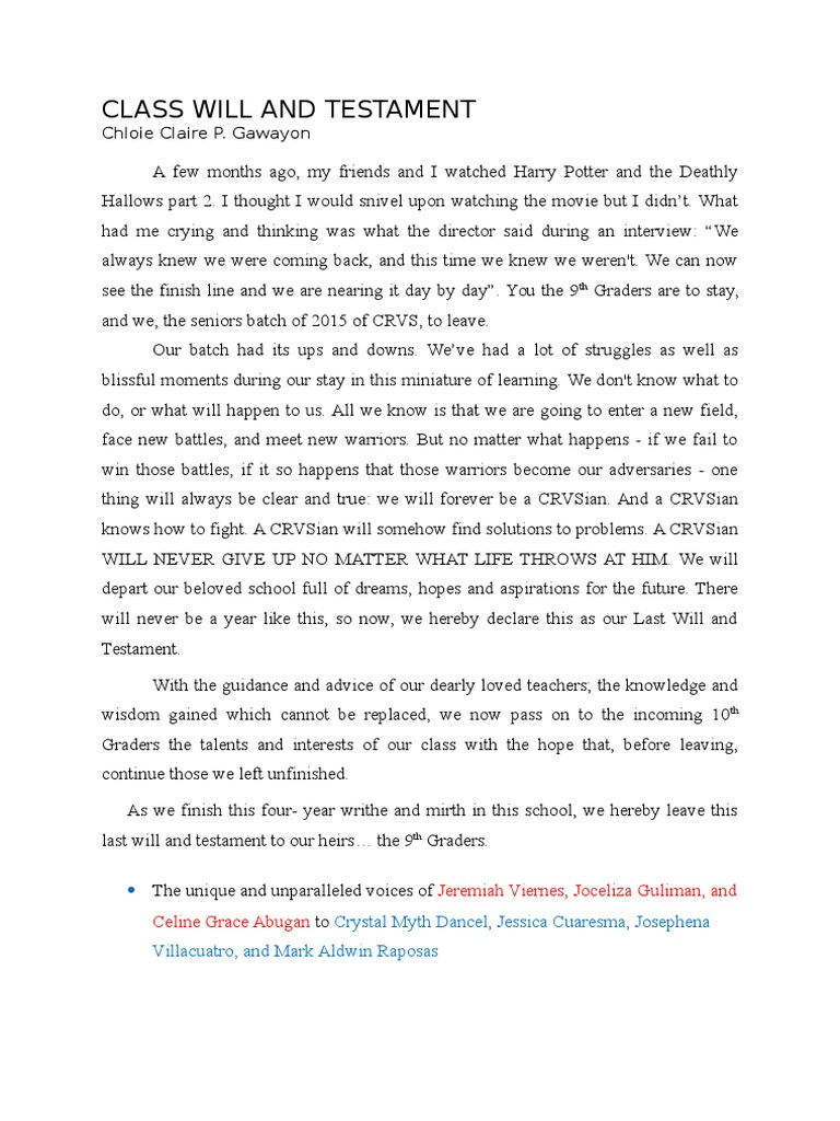 Class Will and Testament | PDF | Schools