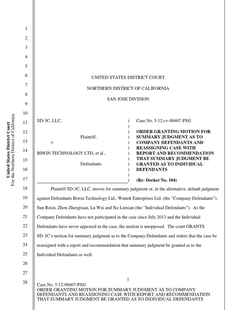 Summary Judgment in Biwin Case | PDF | Summary Judgment | Default Judgment