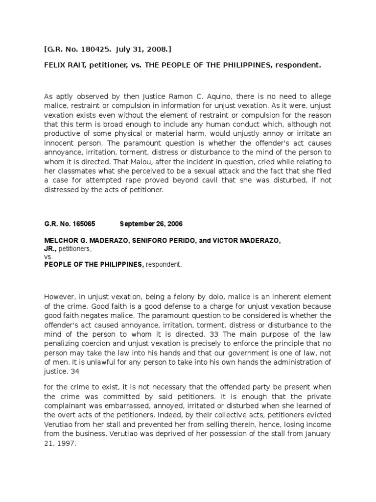 Cases on Unjust Vexation
