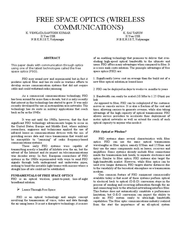 FREE SPACEOPTICS (Wireless Communication) | PDF | Optical Fiber ...