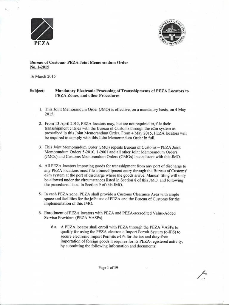 BOC-PEZA joint order on mandatory electronic processing of ...