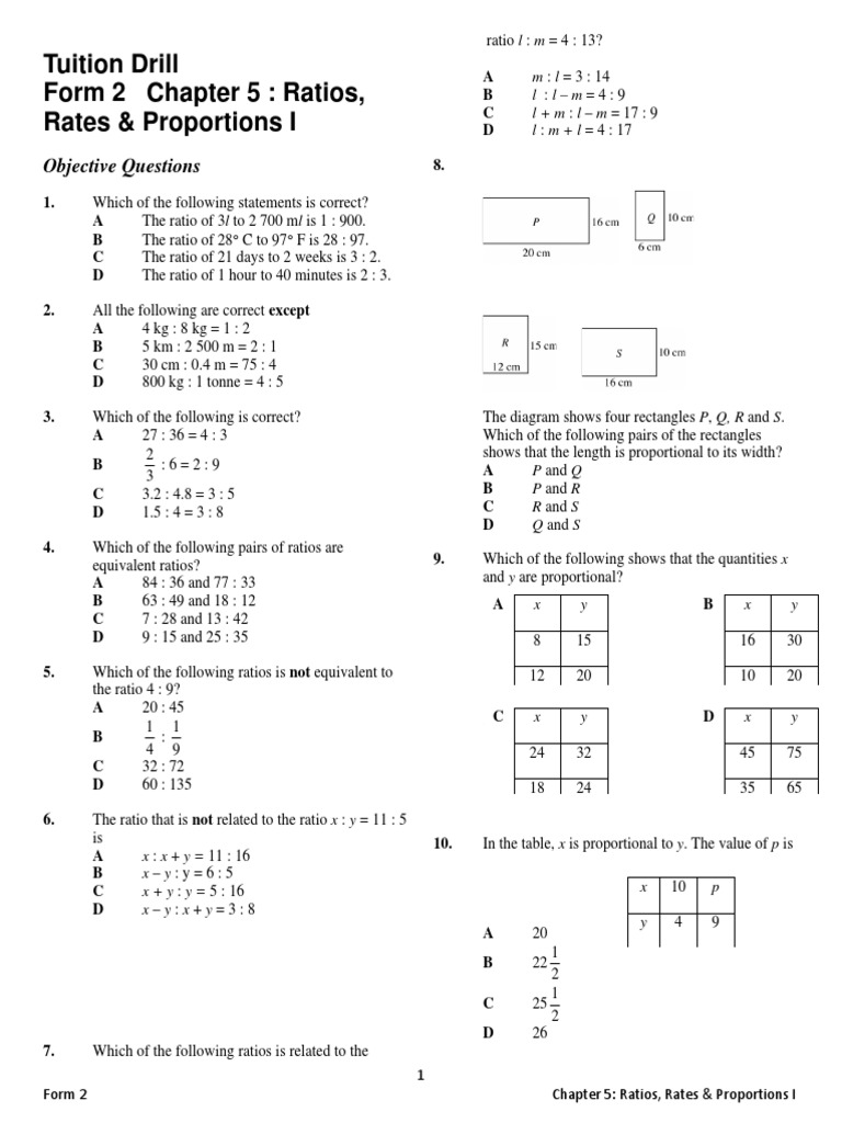 Exercise Form 2 Chapter 5 Ratios Rates Proportions I | PDF | Ratio ...