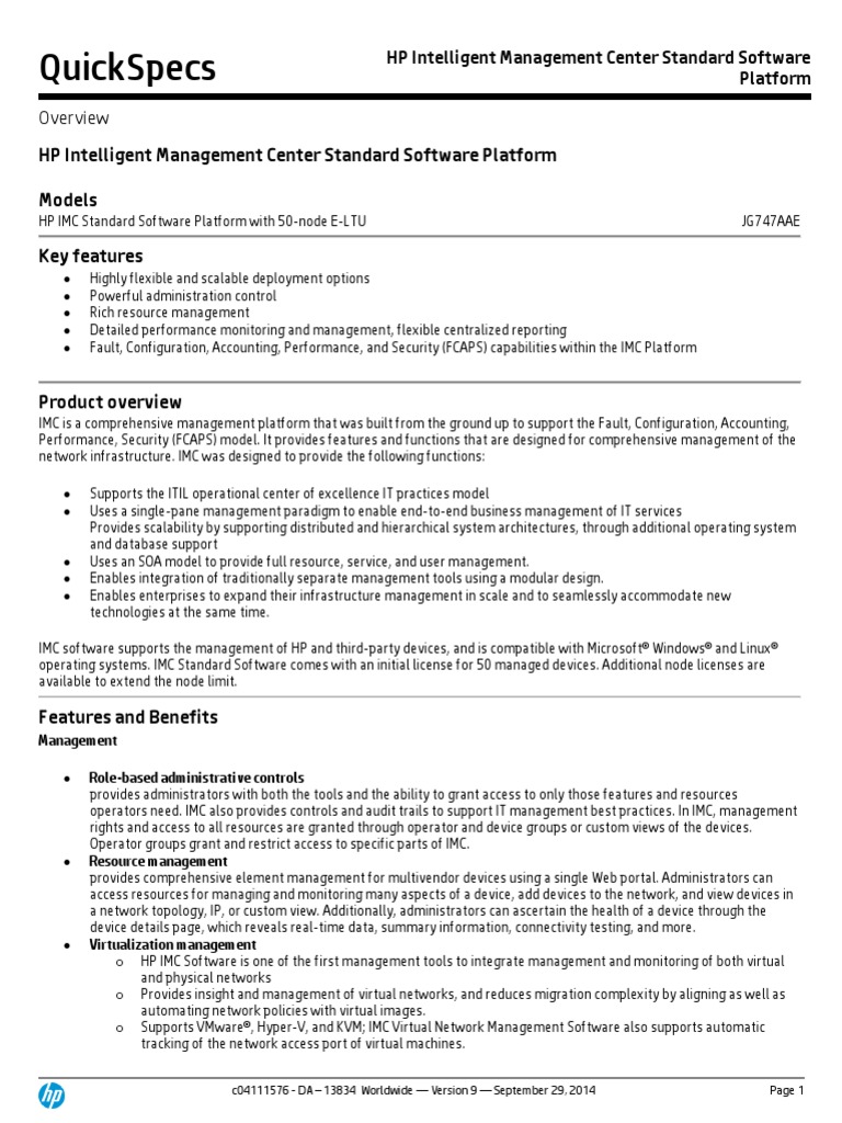 Quickspecs: HP Intelligent Management Center Standard Software Platform Models Key Features ...