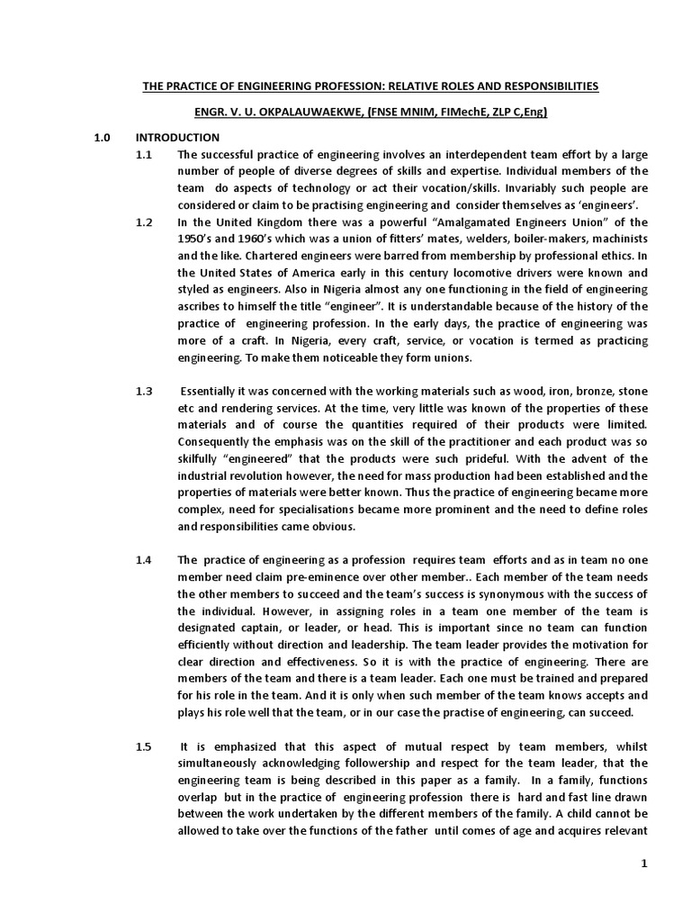 The Practice of Engineering Profession Relative Roles and ...