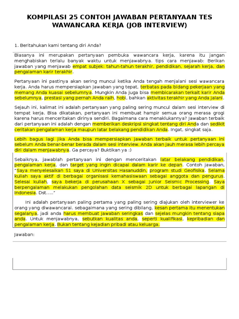 Kompilasi 25 Contoh Jawaban Pertanyaan Tes Wawancara Kerja | PDF