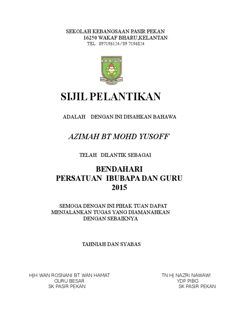 Sijil Pelantikan Ajk Pibg 2015 | PDF