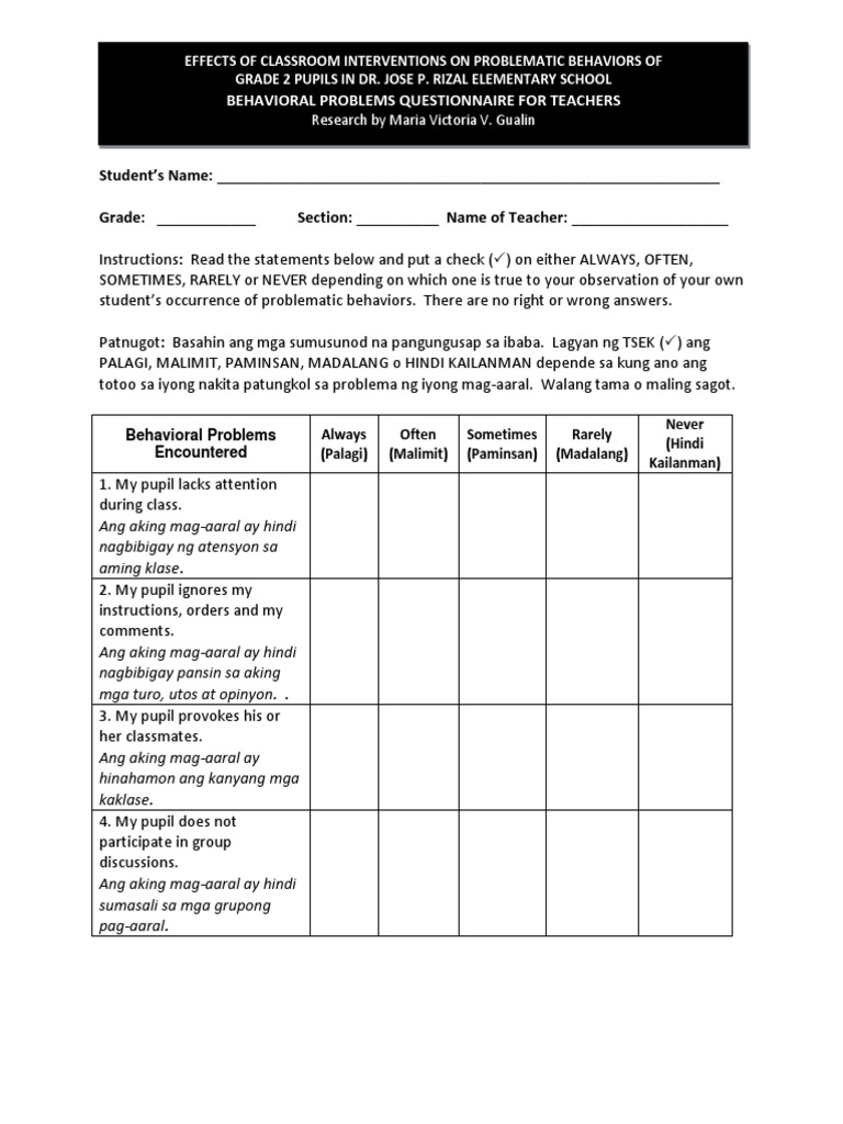 Behavioral Problems Questionnaire For Teachers | PDF