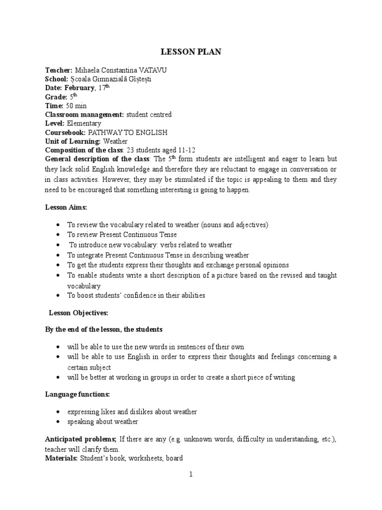 Lesson Plan - Clasa A 5-A | Download Free PDF | Lesson Plan | English ...