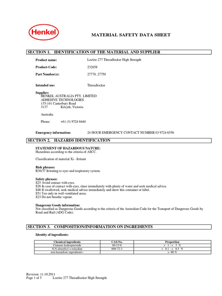 Loctite 277 | Dangerous Goods | Personal Protective Equipment