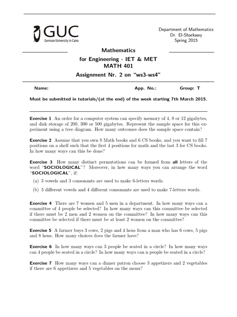 Mathematics For Engineering - IET & MET MATH 401 Assignment Nr. 2 On "ws3-ws4" | PDF | Teaching ...