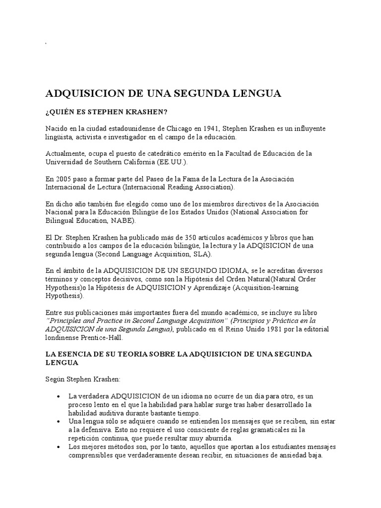 Adquisicion de Una Segunda Lengua | PDF | Segundo lenguaje | Aprendizaje