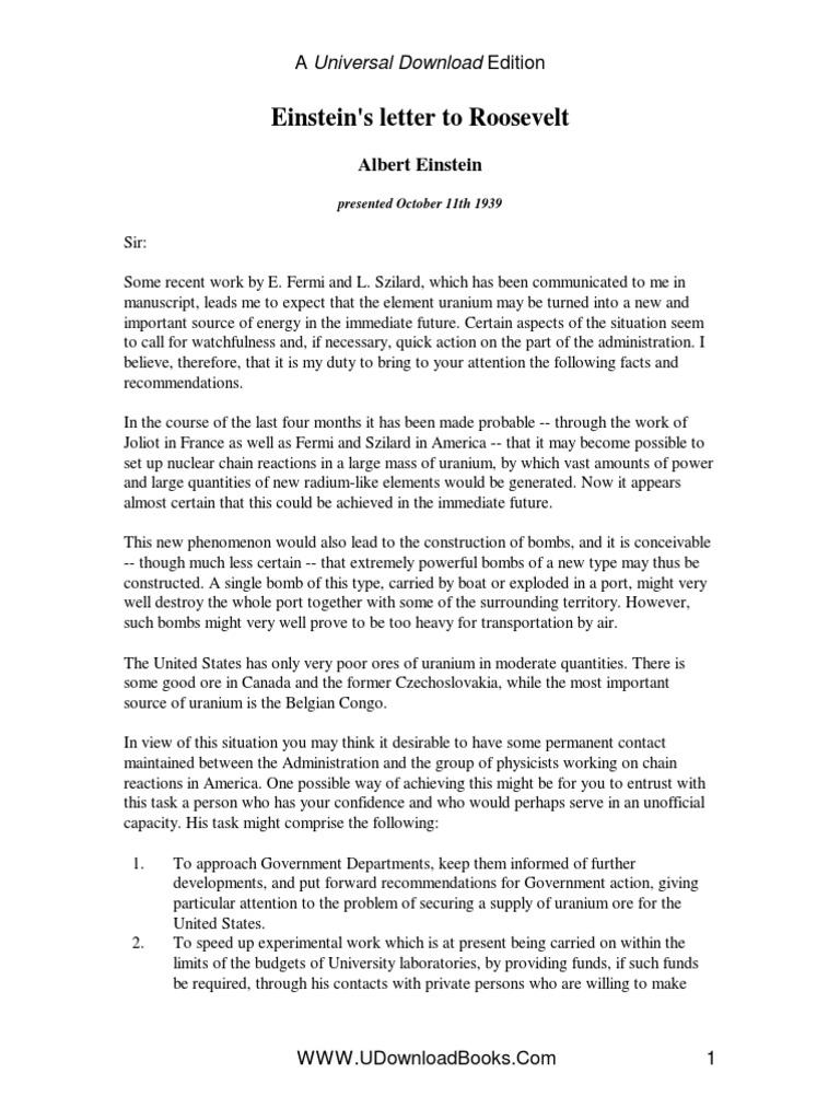 Albert Einstein - Letter to Roosevelt | Uranium | Nuclear Technology