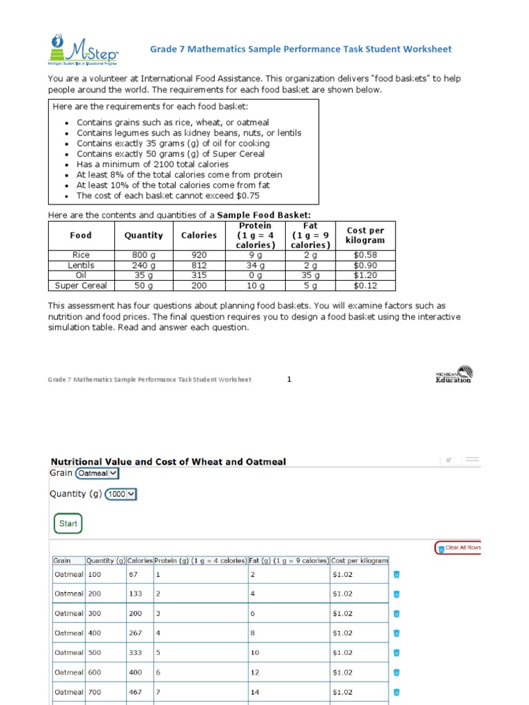 Grade 7 Mathematics Sample Performance Task Student Worksheet | PDF ...