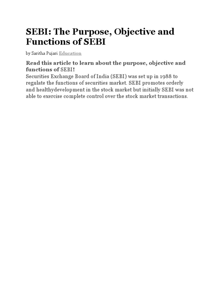 SEBI: The Purpose, Objective and Functions of SEBI | PDF | Stocks ... SEBI: The Purpose, Objective and Functions of SEBI | PDF | Stocks ...