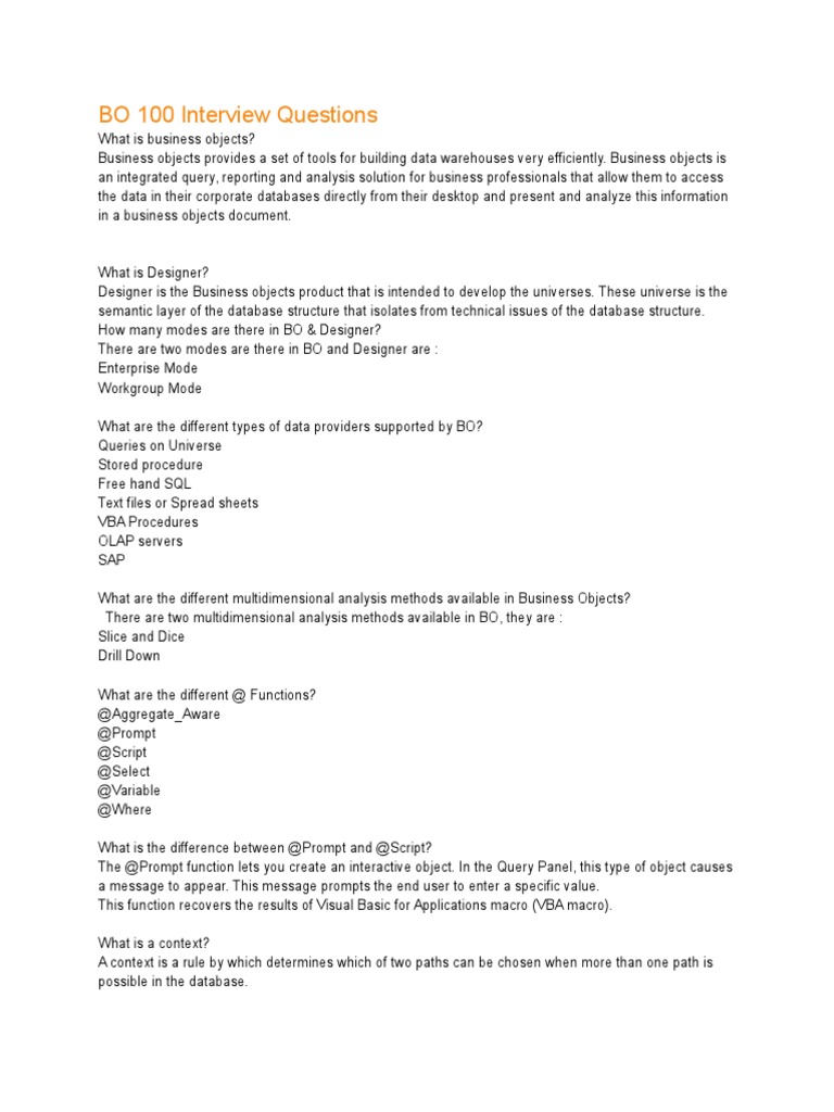 BO 100 Interview Questions | PDF | Databases | Software Engineering