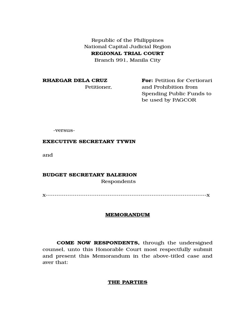 Trial Memorandum For Respondents | PDF | Police Power (United States ...