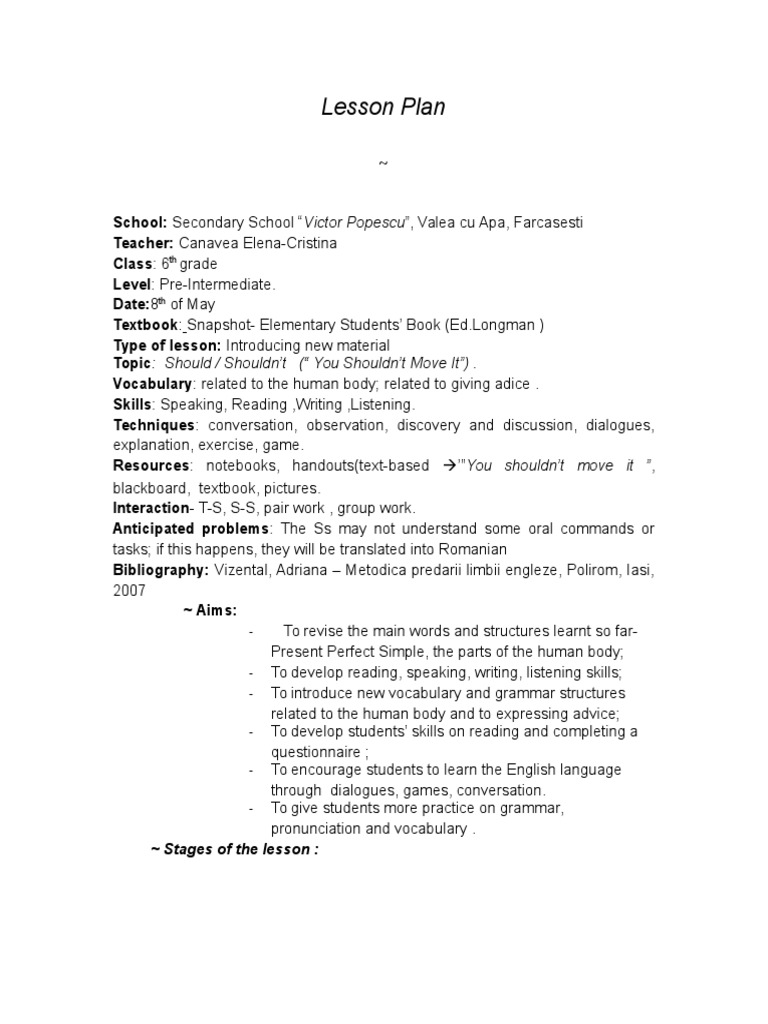 Lesson Plan: Stages of The Lesson | PDF | Reading Comprehension | Human ...