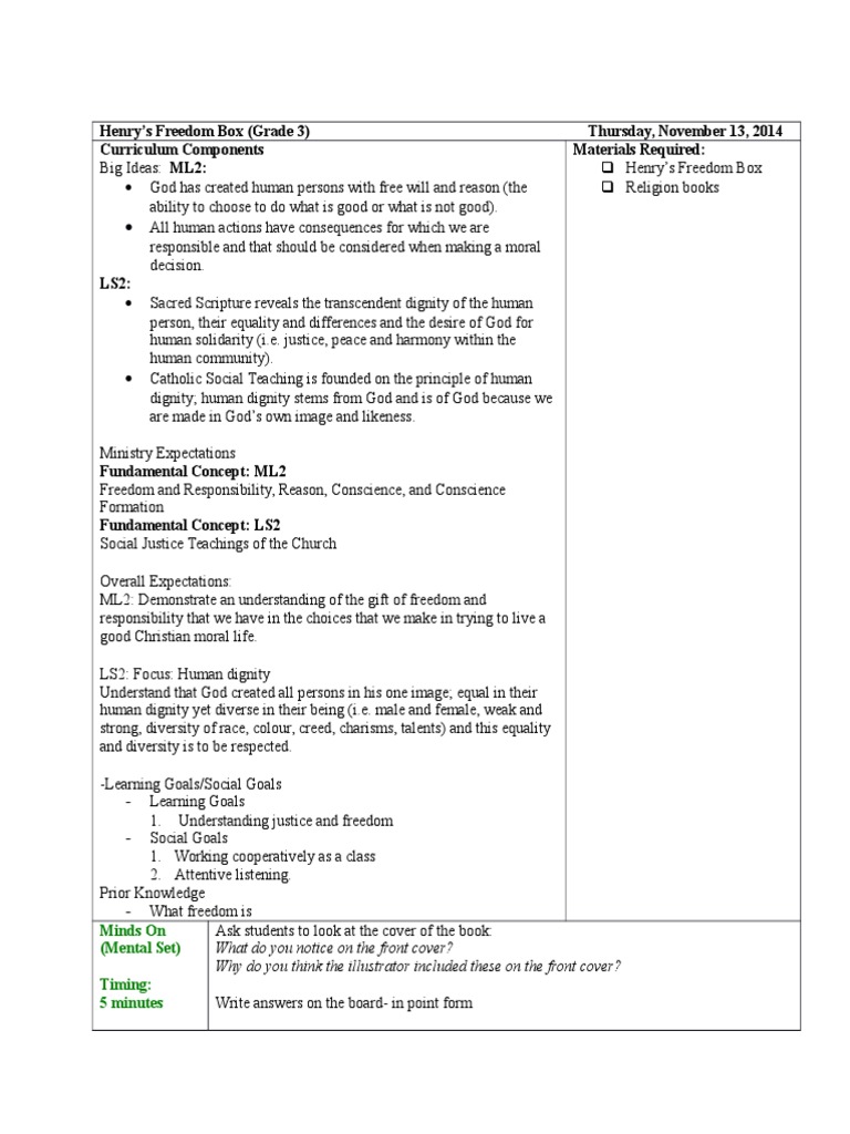 Henry's Freedom Box Lesson Plan | PDF | Free Will | Dignity