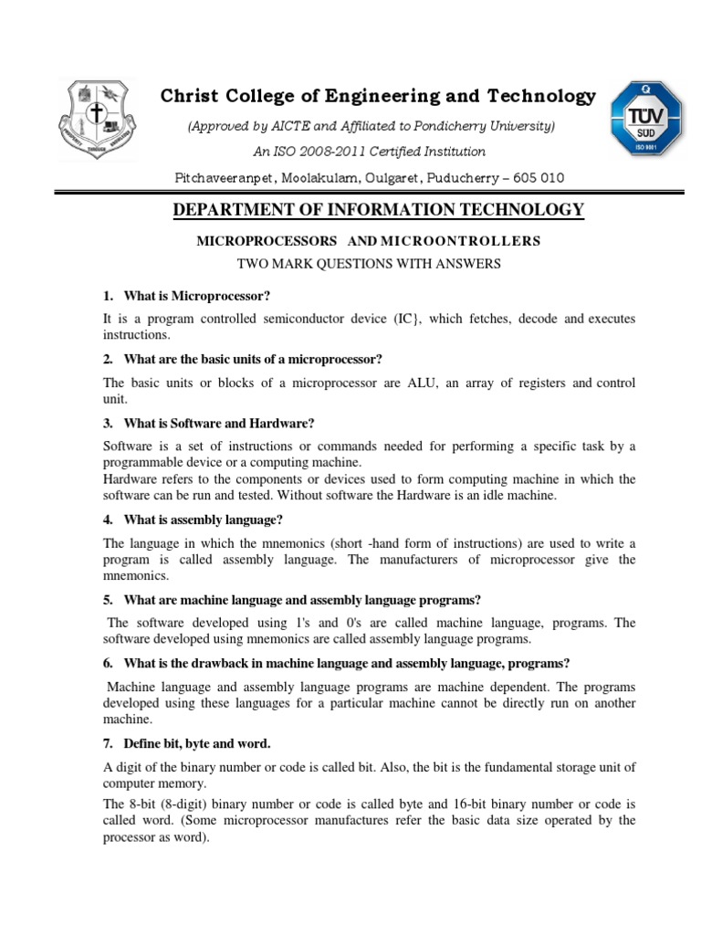 MPMC 2 Marks | PDF | Central Processing Unit | Input/Output