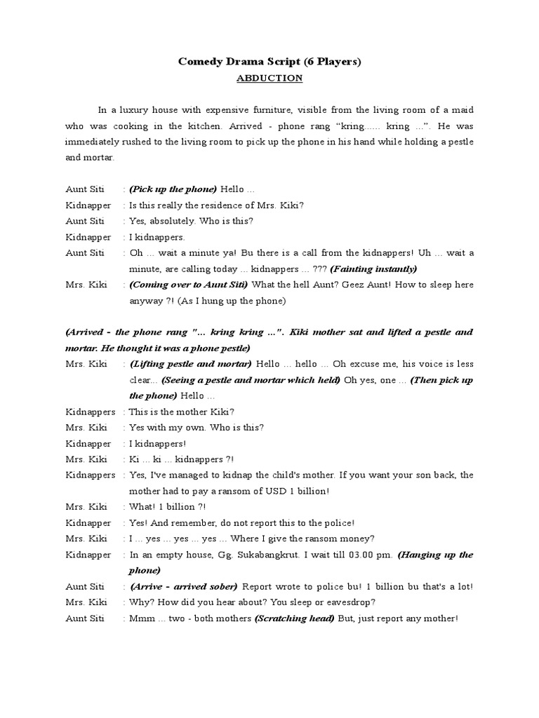 Comedy Drama Script | PDF | Kidnapping | Violence