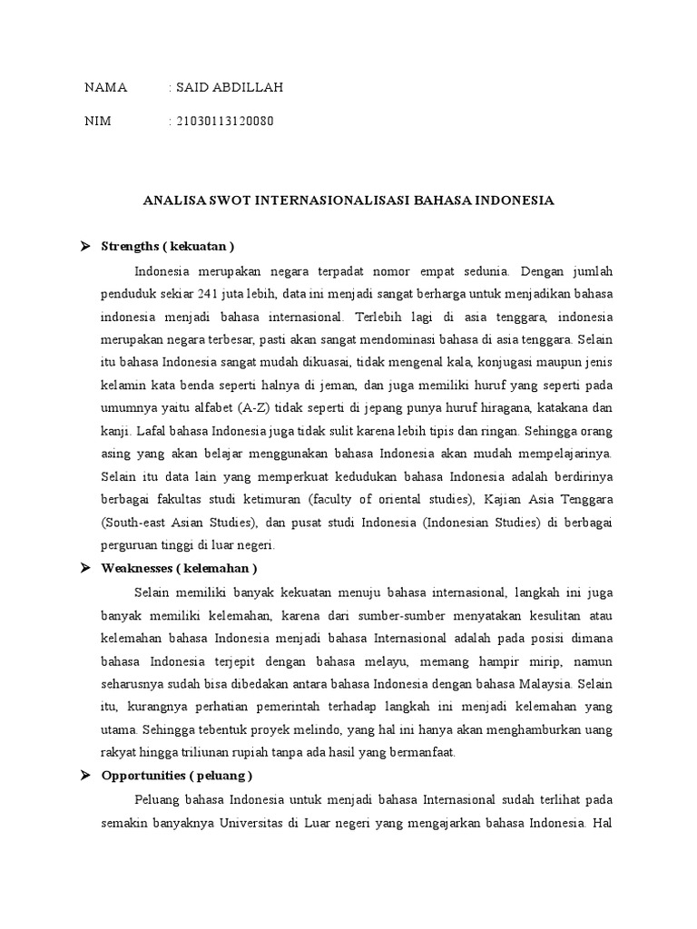 Analisa Swot Internasionalisasi Bahasa Indonesia | PDF