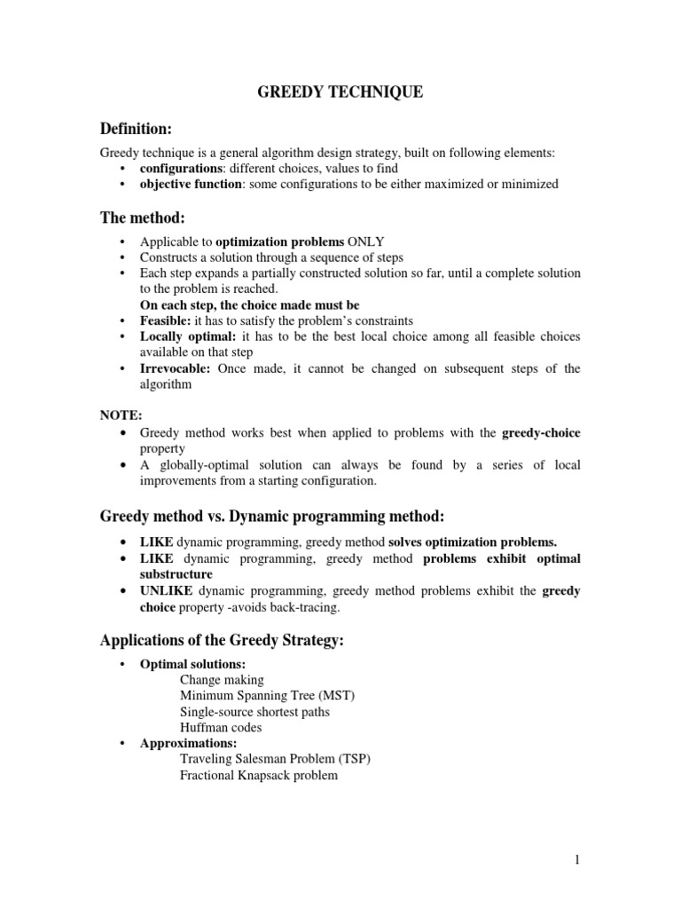 Greedy Technique Definition:: On Each Step, The Choice Made Must Be | PDF | Code | Dynamic ...