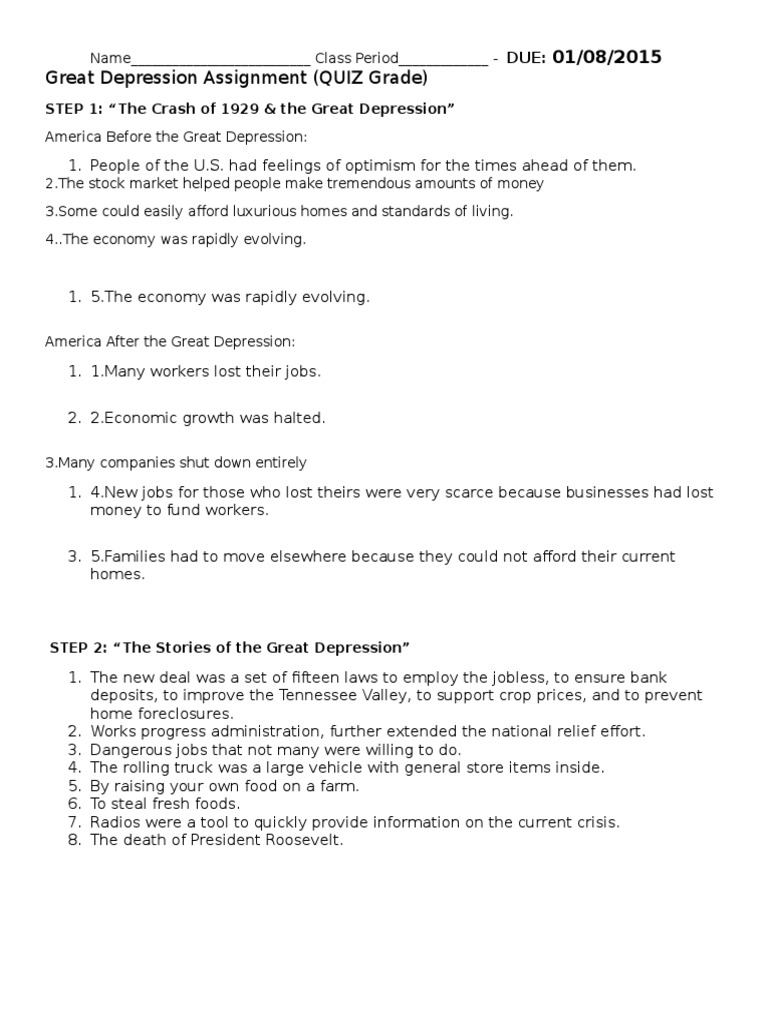 Great Depression Assignment Overview | PDF | Great Depression | New Deal