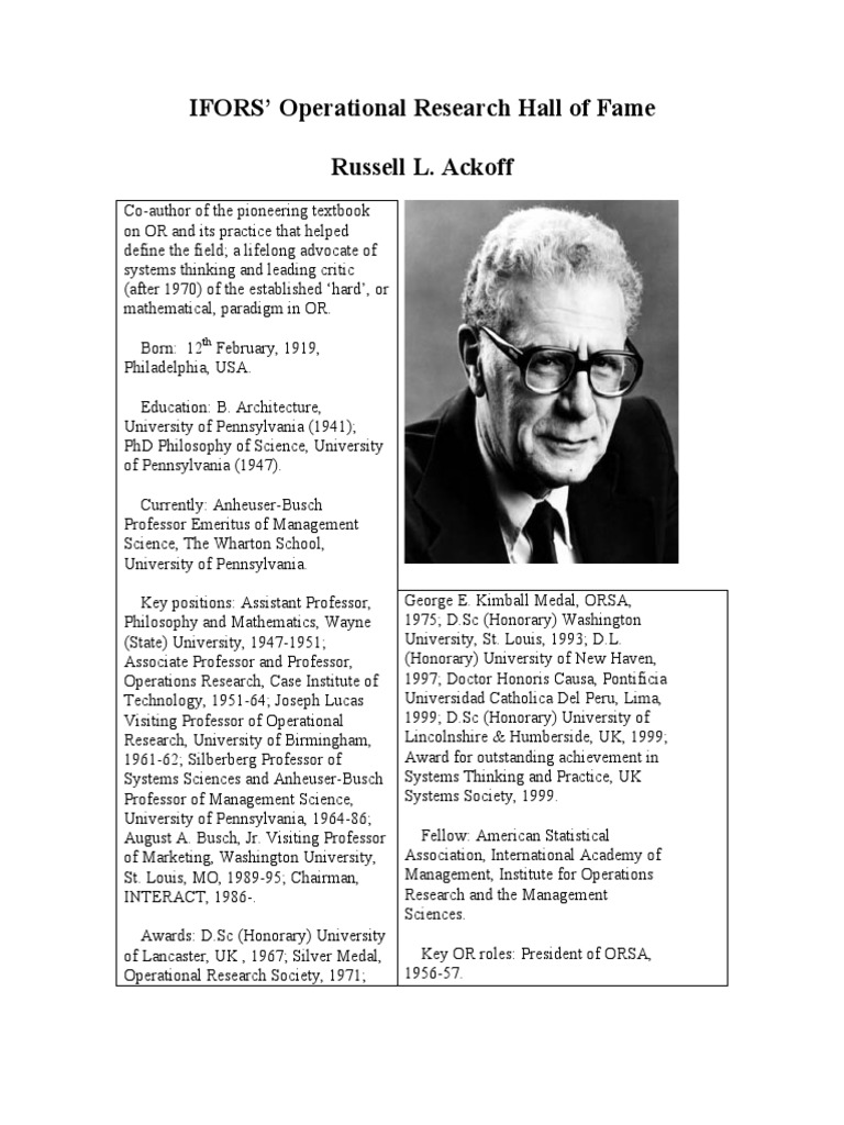 IFORS' Operational Research Hall of Fame Russell L. Ackoff | PDF ...