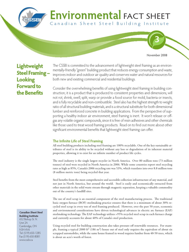 Environmental Fact Sheet Lightweight Steel Framing Looking Forward To ...