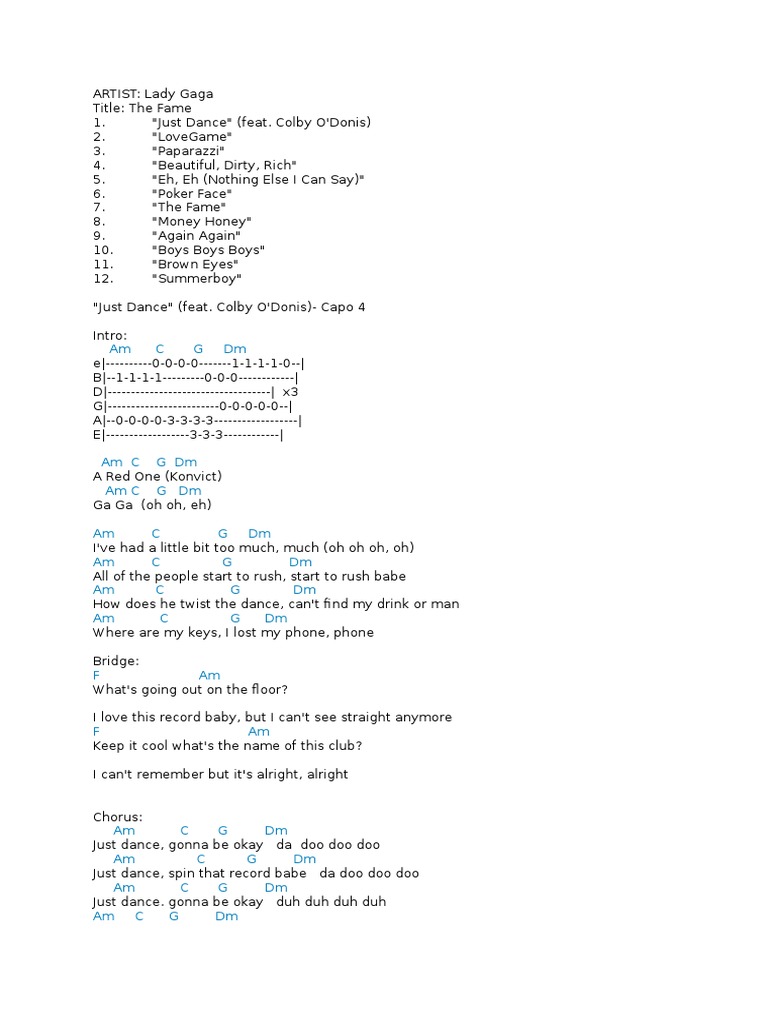 Lady Gaga Album The Fameguitar Chords | PDF | Dance Pop Songs | Musical ...